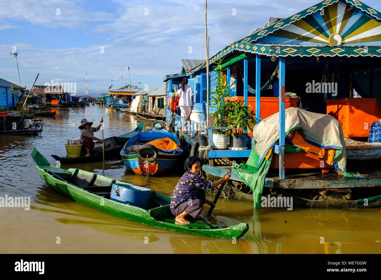Cambodia, Kampong Cham province, Kampong Cham or Kompong Cham, floating village with a khmer and ...