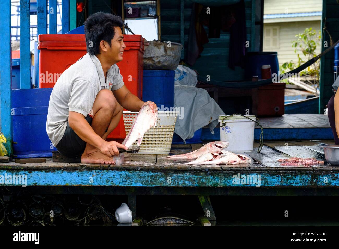 Cambodia, Kampong Cham province, Kampong Cham or Kompong Cham, floating village with a khmer and ...
