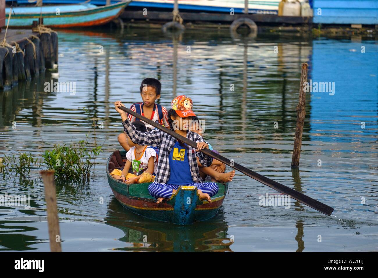 Cambodia, Kampong Cham province, Kampong Cham or Kompong Cham, floating village with a khmer and ...