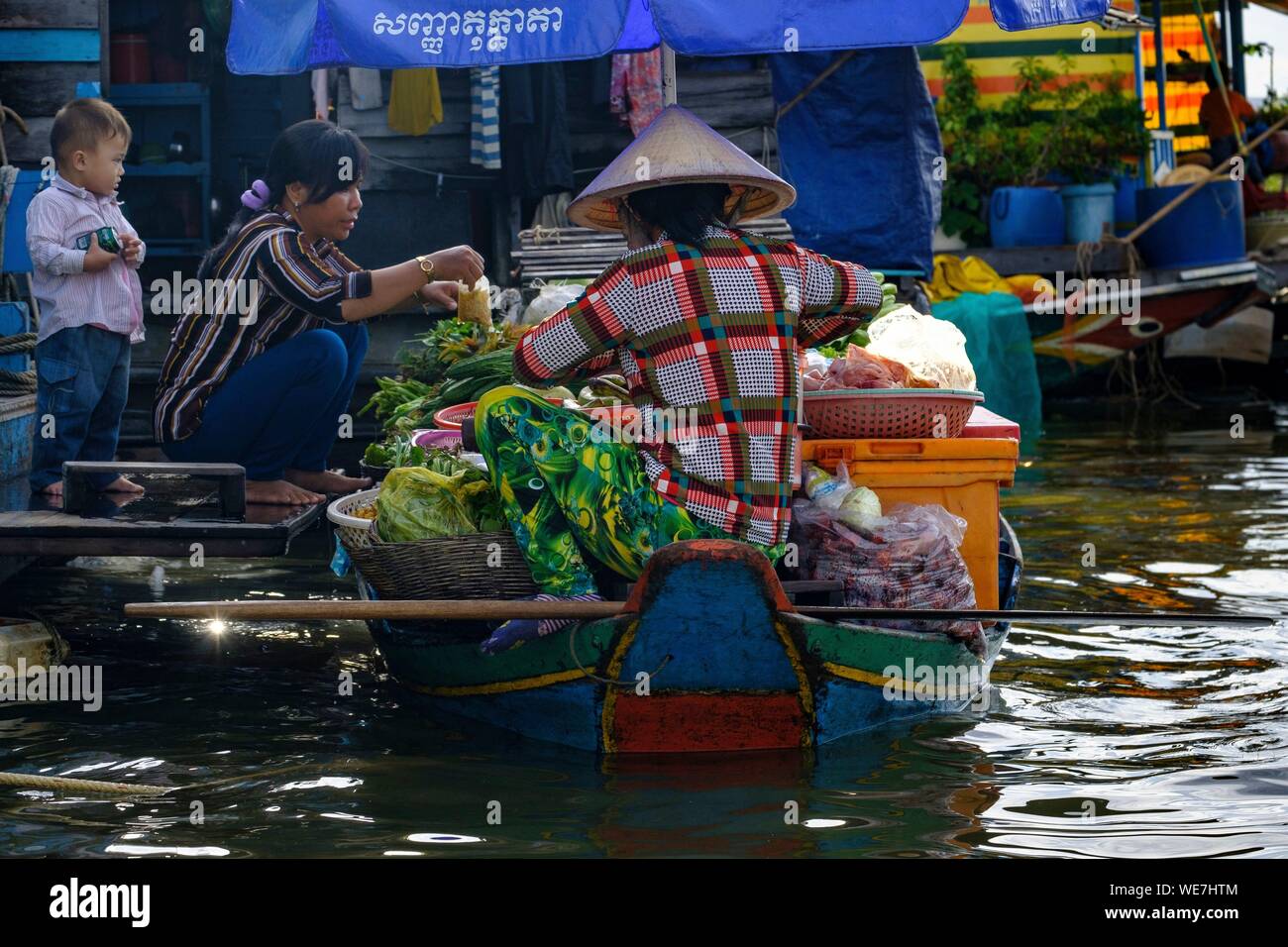 Cambodia, Kampong Cham province, Kampong Cham or Kompong Cham, floating village with a khmer and ...