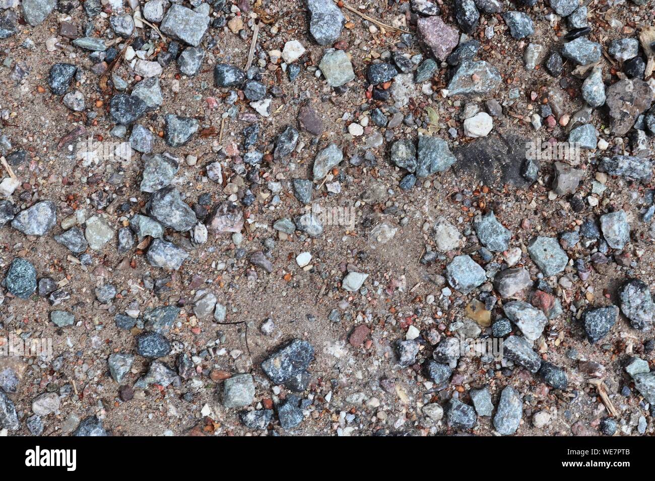 Detailed close up view on pebbles and stones on a gravel ground texture ...