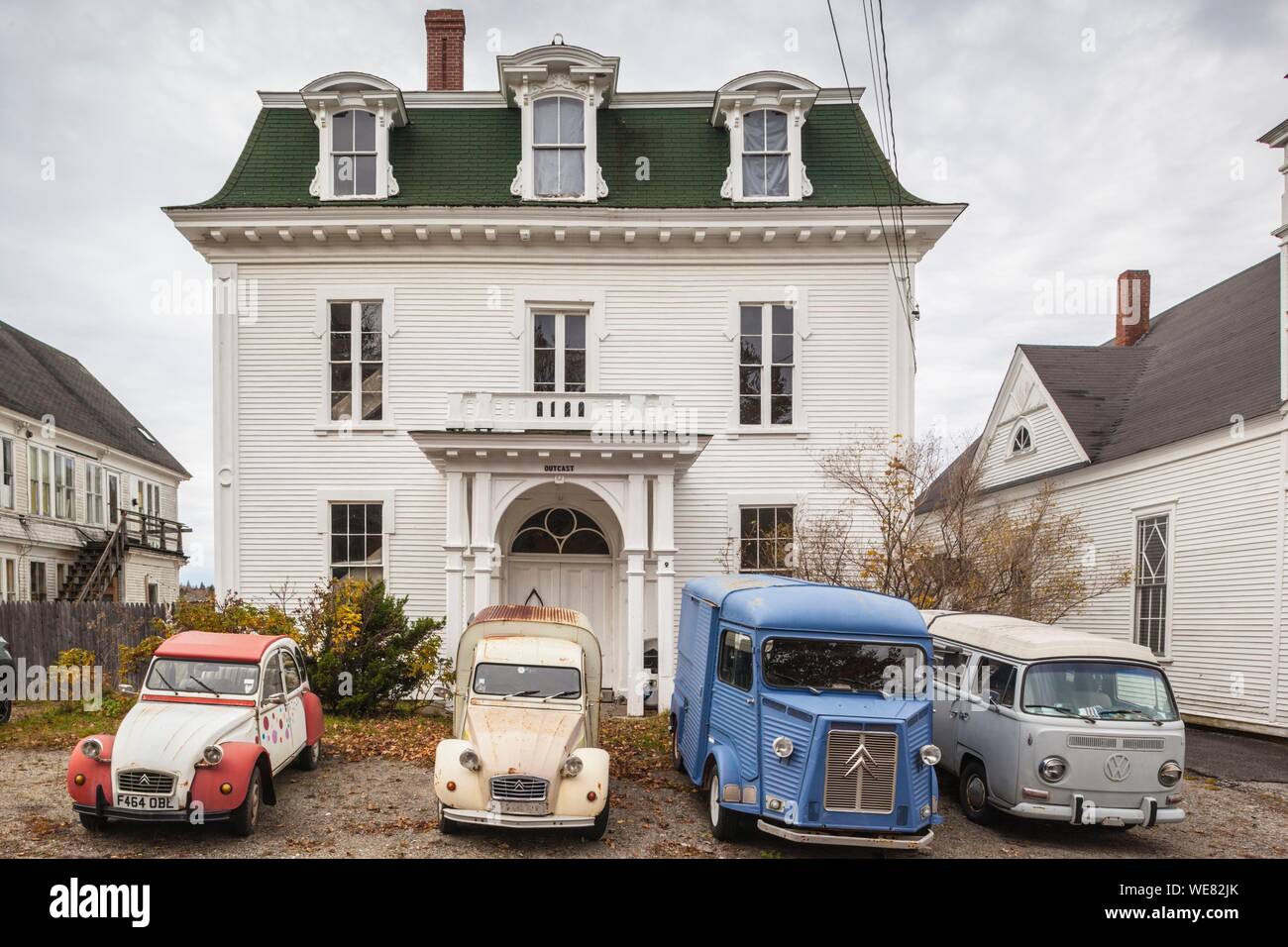 United States, Maine, Deer Isle, antique French cars with antique VW ...