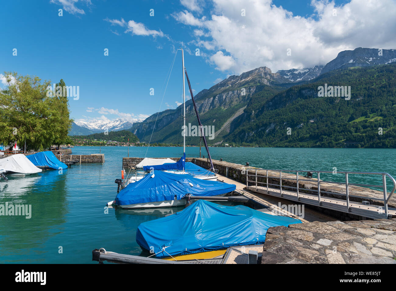 Sailboats in the harbor on Lake Brienz, Brienz, Bernese Oberland ...