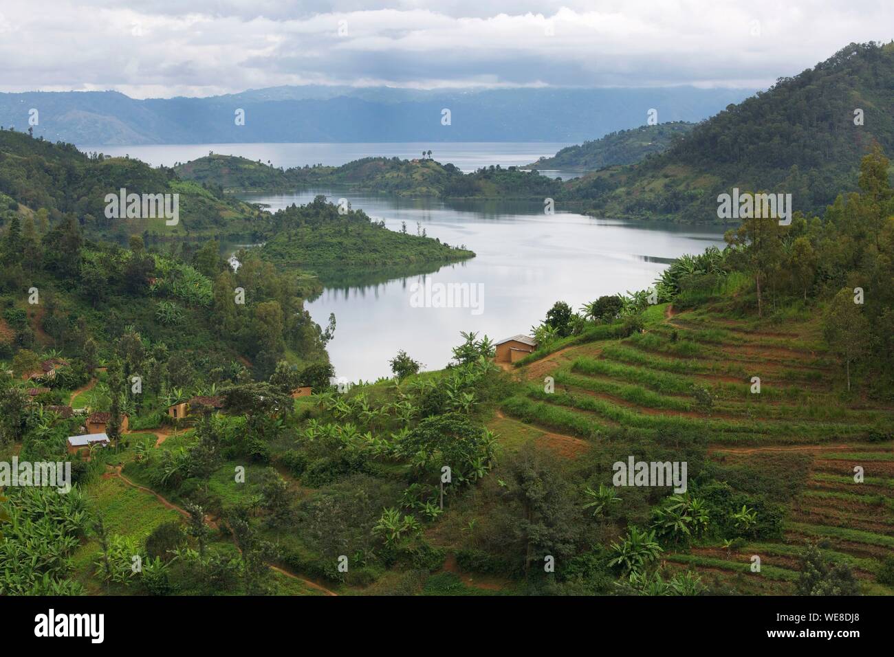 Rwanda, Lake Kivu, green hills on a shore of Lake Kivu, on the border ...