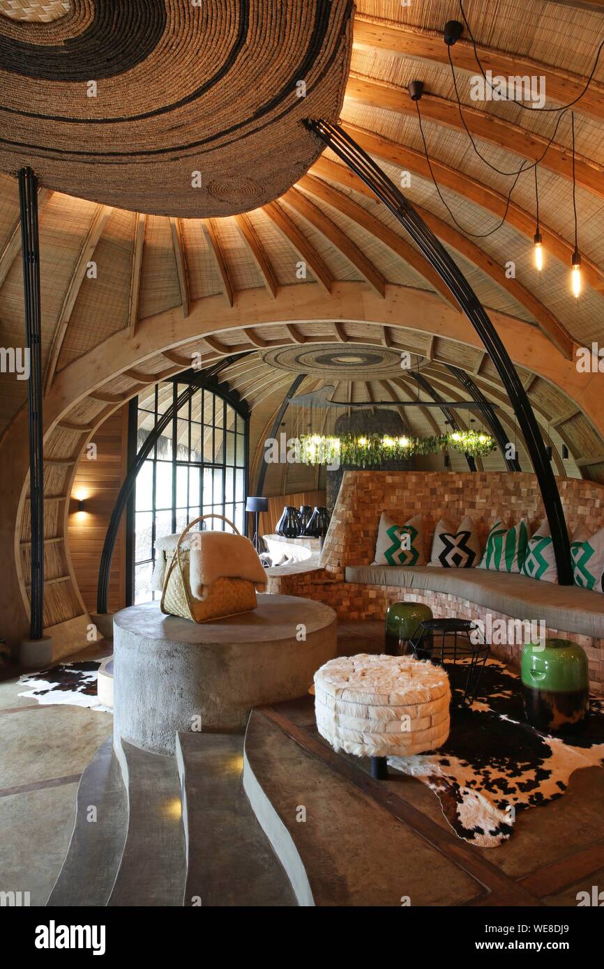 Rwanda, Volcanoes National Park, interior of the Bisate Lodge, a lodge ...