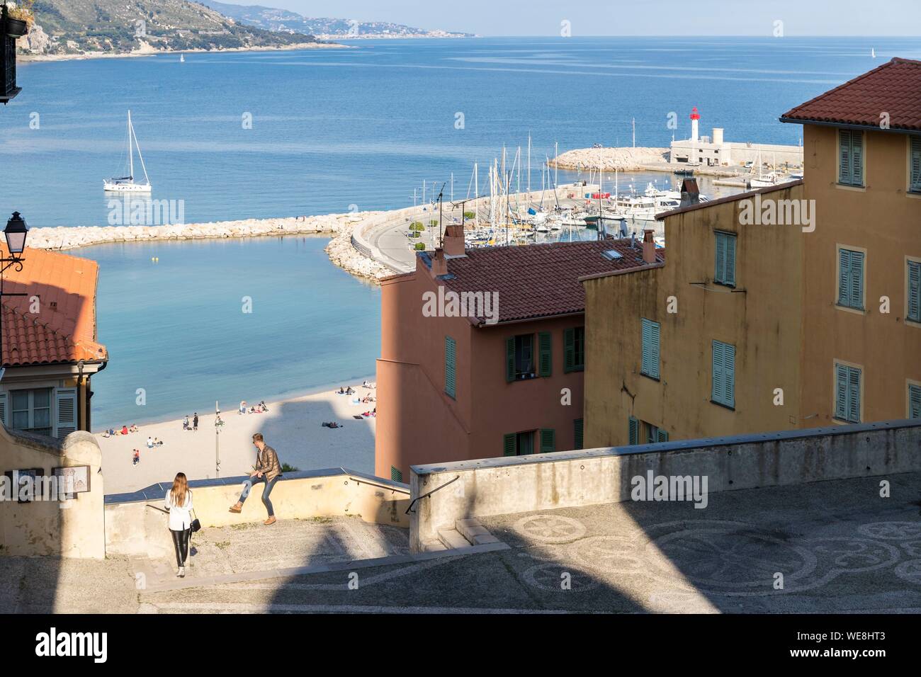 France, Alpes-Maritimes, Menton, view on the beach of Garavan Bay from ...