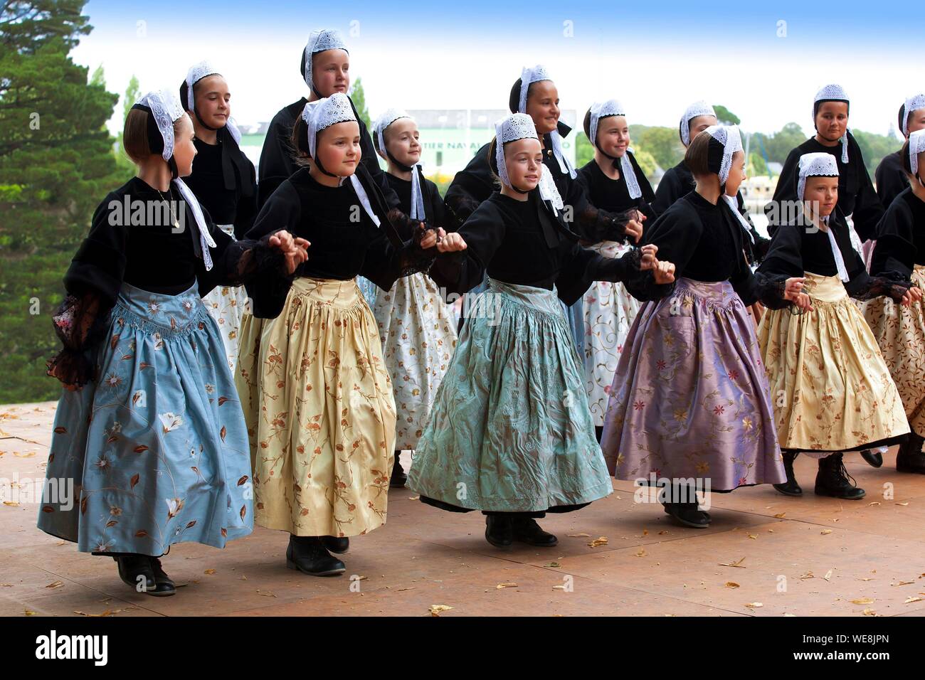 France, Finistere, Pont l'Abbe embroidery festival, Children's dances ...