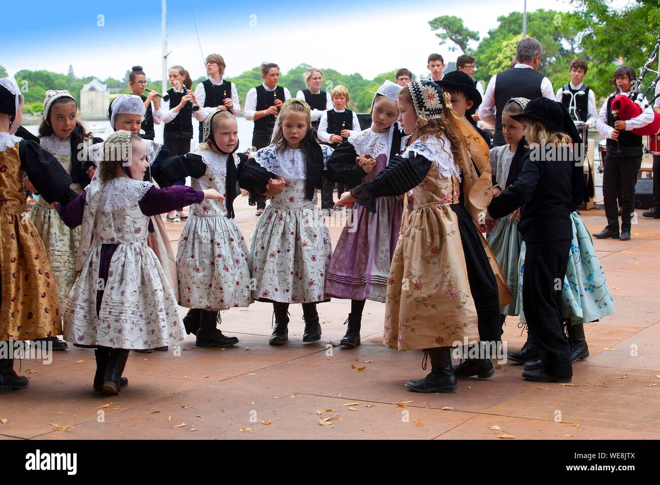 France, Finistere, Pont l'Abbe embroidery festival, Children's dances ...