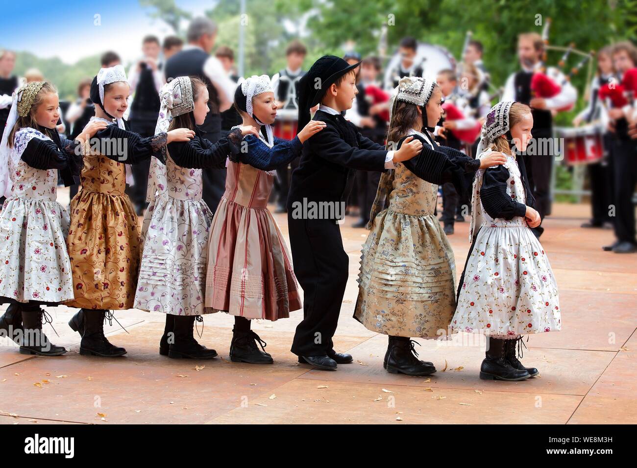France, Finistere, Pont l'Abbe embroidery festival, Children's dances ...