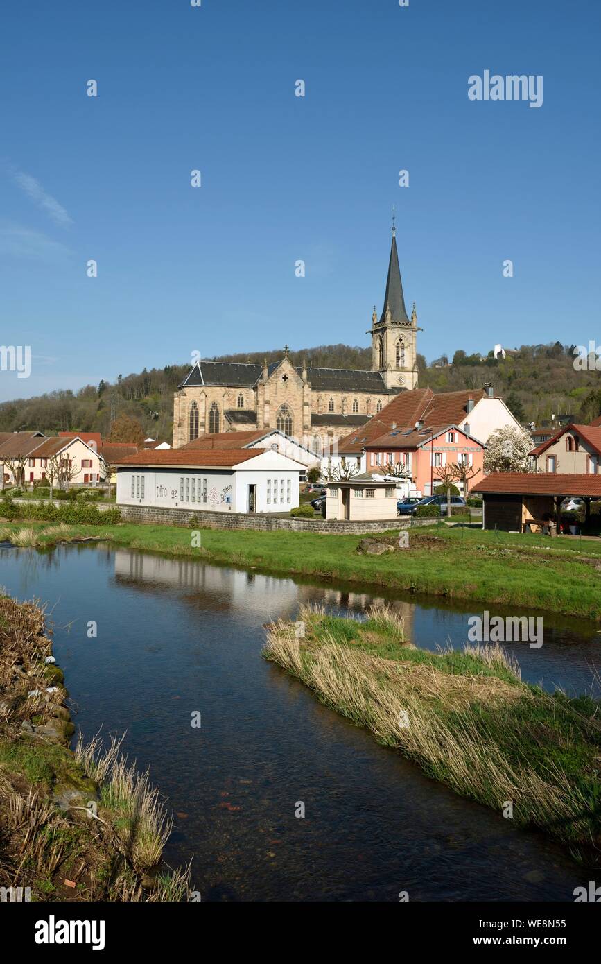 France, Haute Saone, Ronchamp, village, church, river Rahin, hill with ...