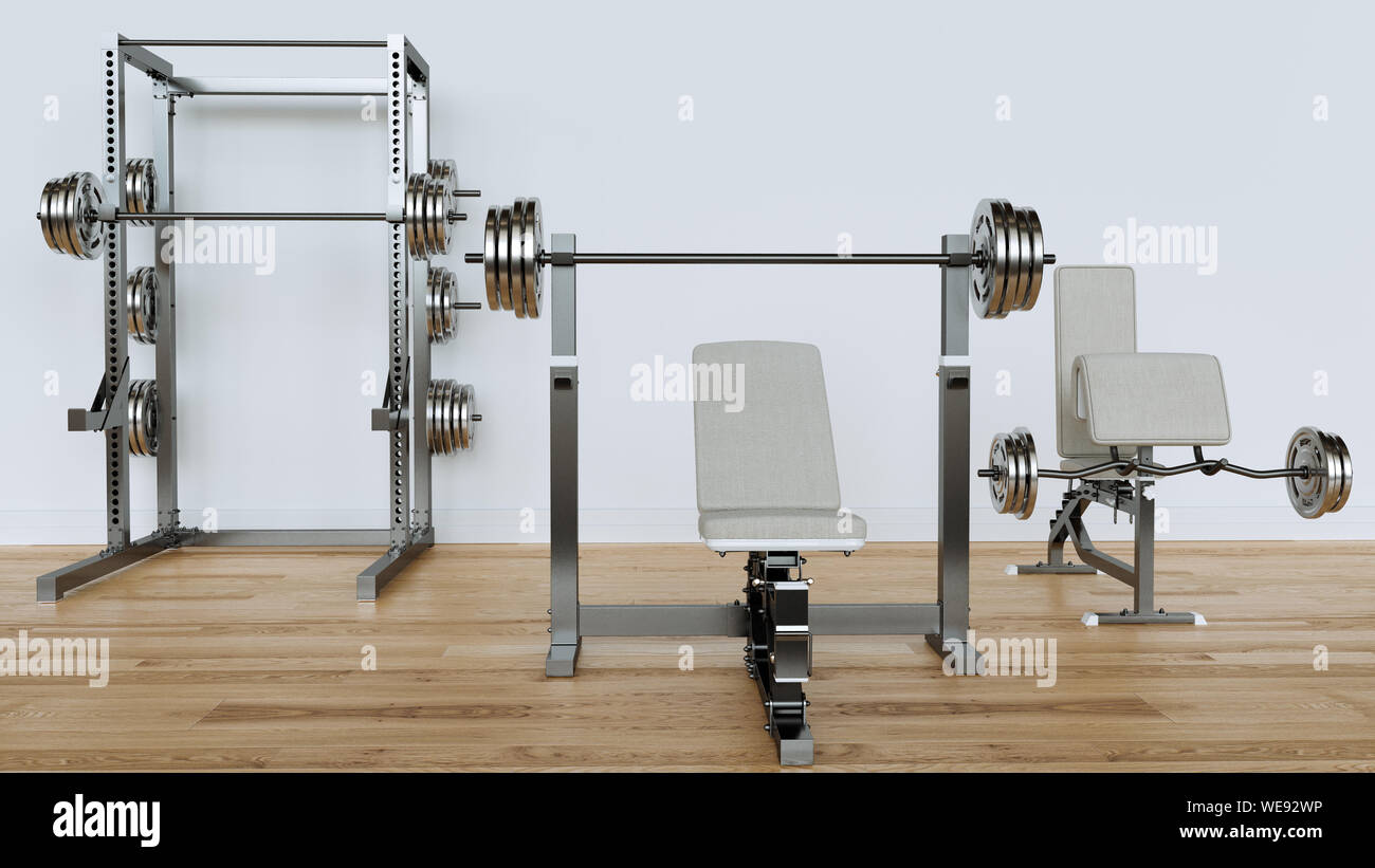 Weight training equipment in white empty room on parquet floor - 3D ...