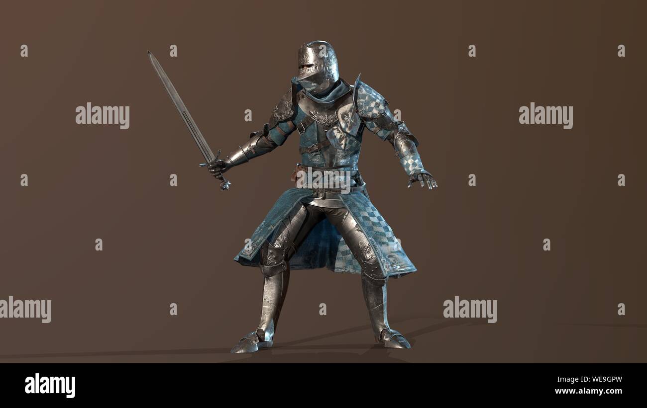 Knight Swordsman in Full Armour, 3D render in multiple views Stock ...