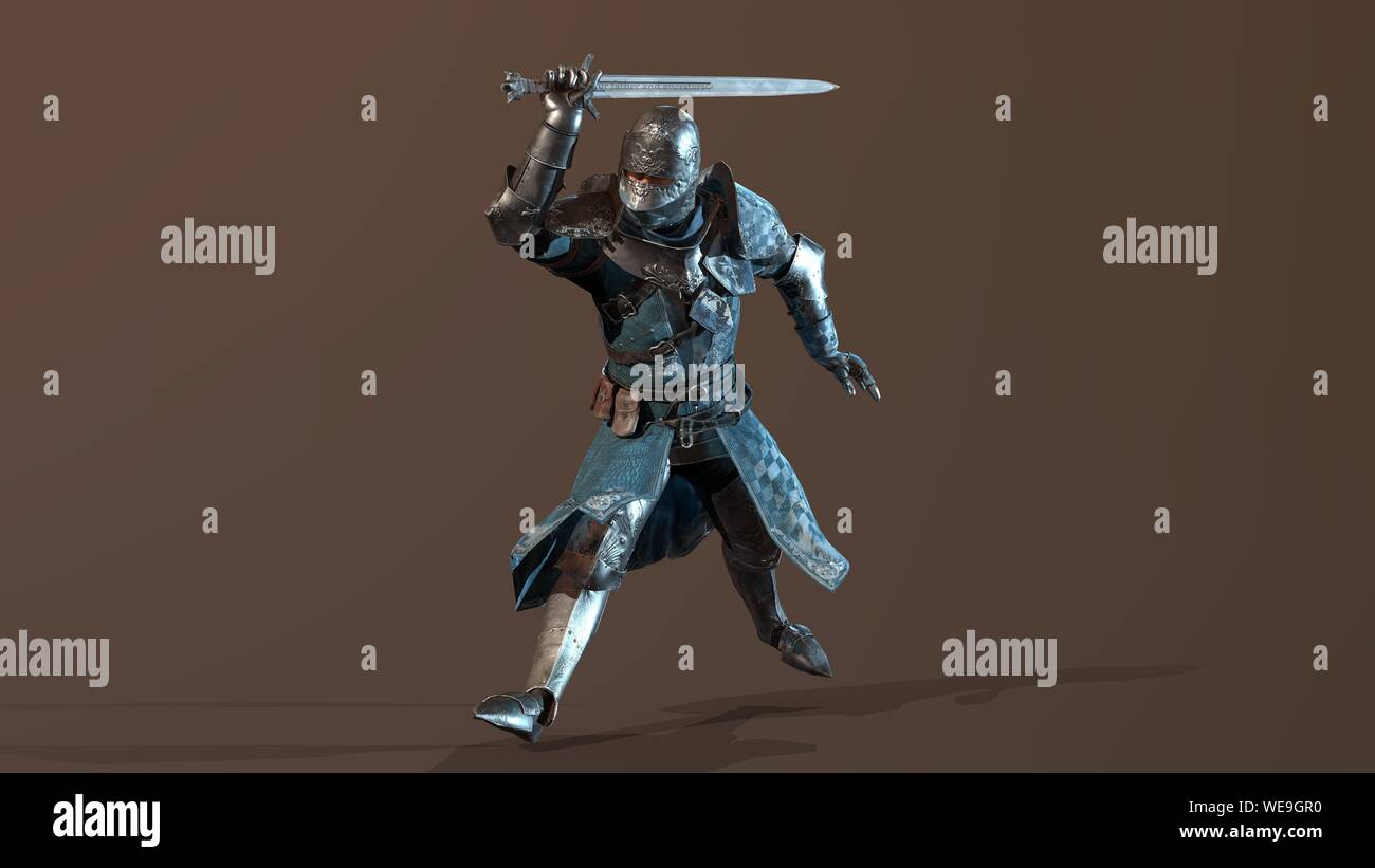 Knight Swordsman in Full Armour, 3D render in multiple views Stock ...