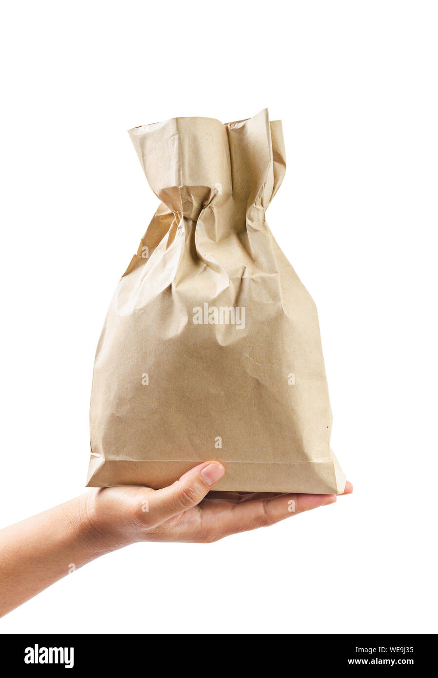 Woman hand holding giving paper bag isolated white background, Save ...
