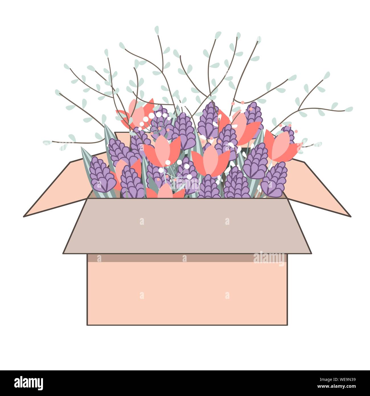 Tulips flowers in the cardboard box. Bouquet of spring doodle hyacinths ...