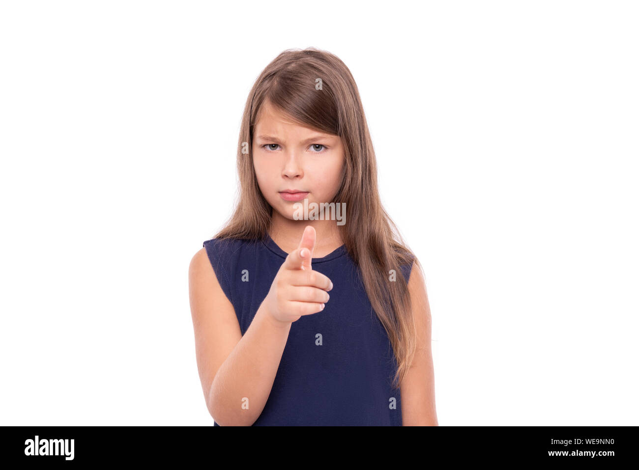 Little girl points her finger at you isolated on white Stock Photo - Alamy