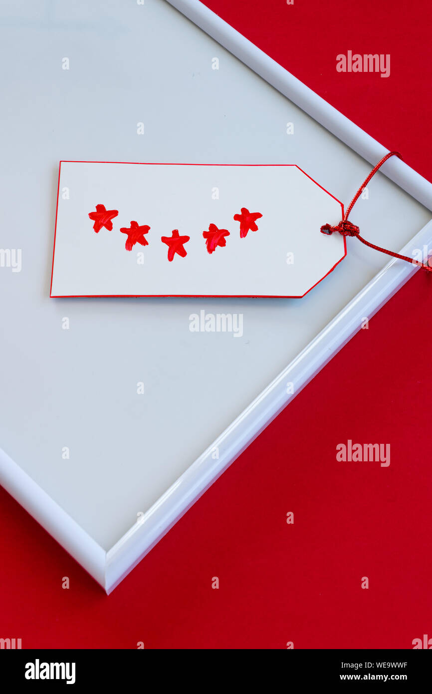 Five-star review on a label. Feedback concept, space for text Stock ...