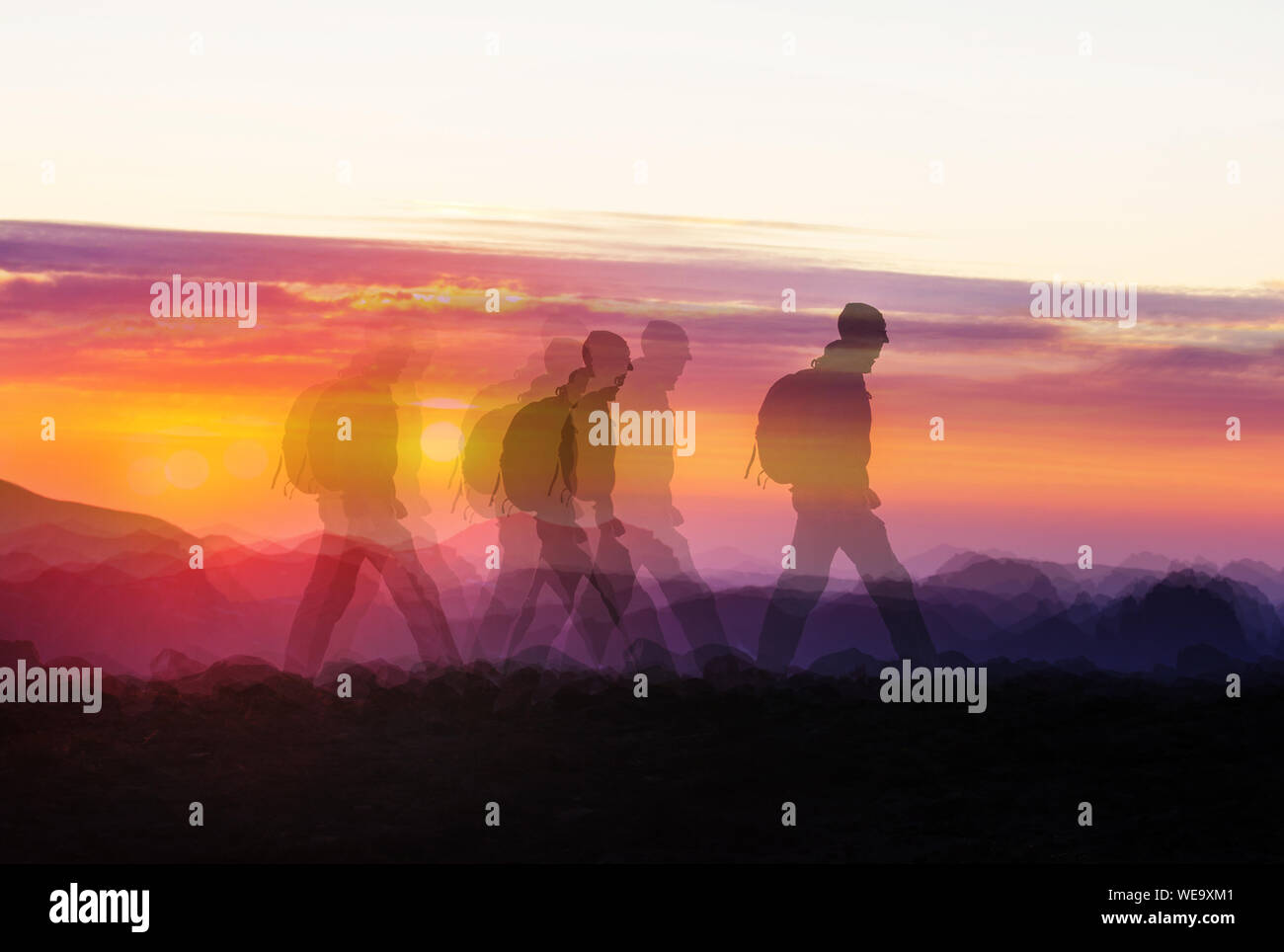 Hiking scene in beautiful summer mountains at sunset. Collage image ...