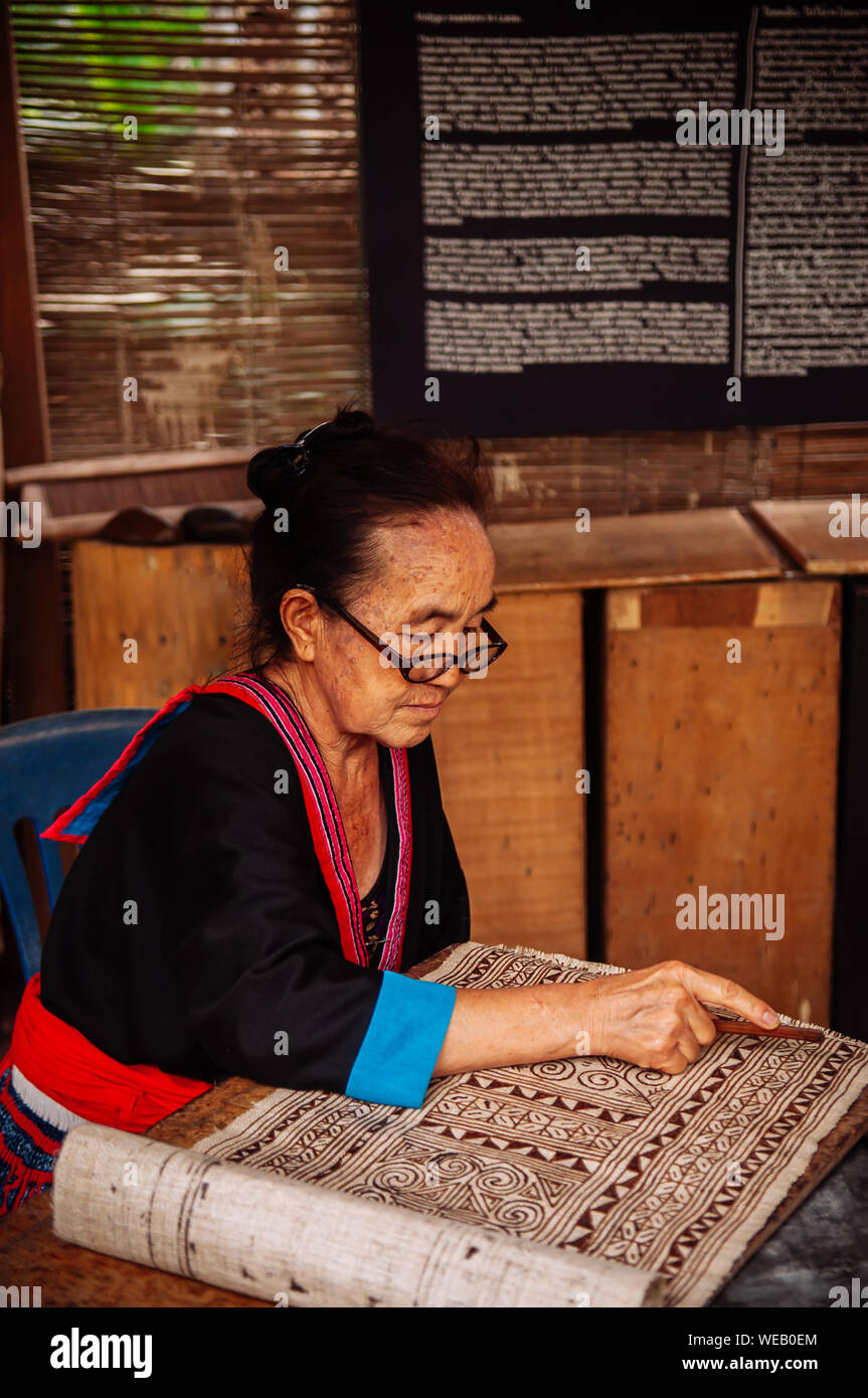 APR 4, 2018 Luang Prabang, Laos - Hilltribe Laotian woman working on ...