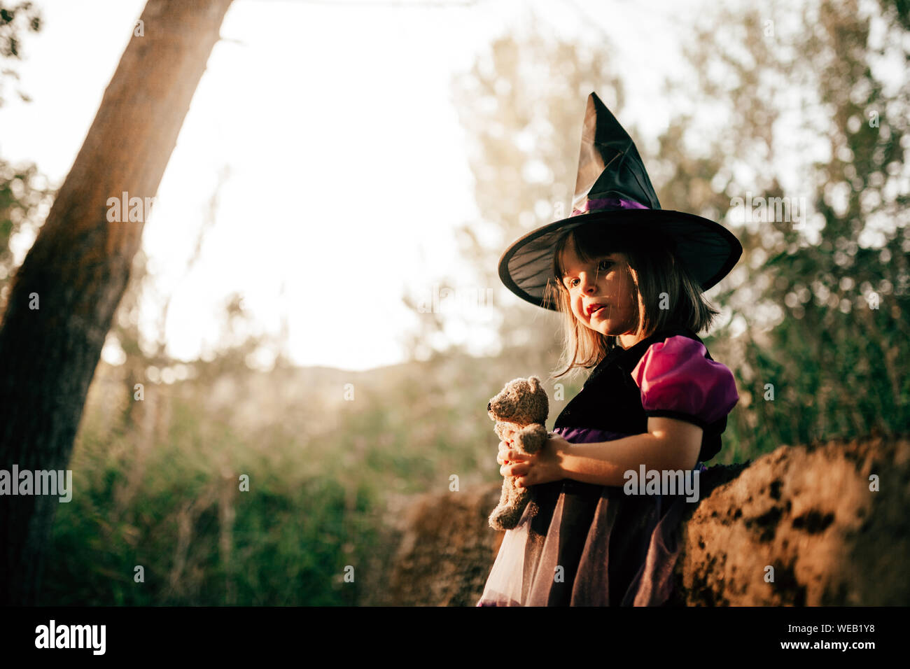 Girl standing disguised as a witch in the woods during Halloween Stock ...