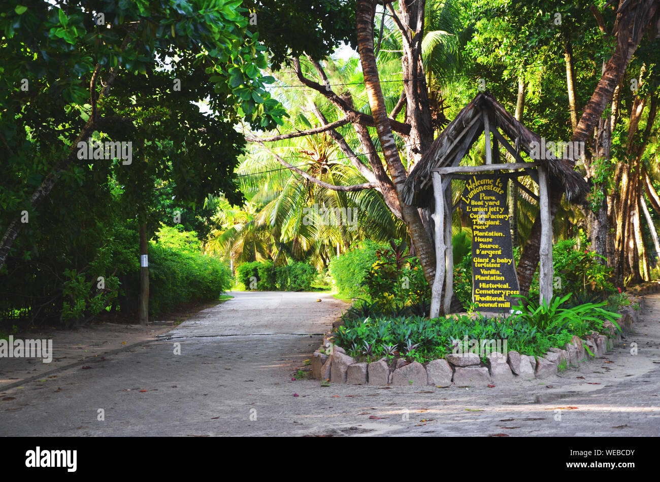 La Digue, Seychelles: Entry to Union Estate Park with coconut Palm ...