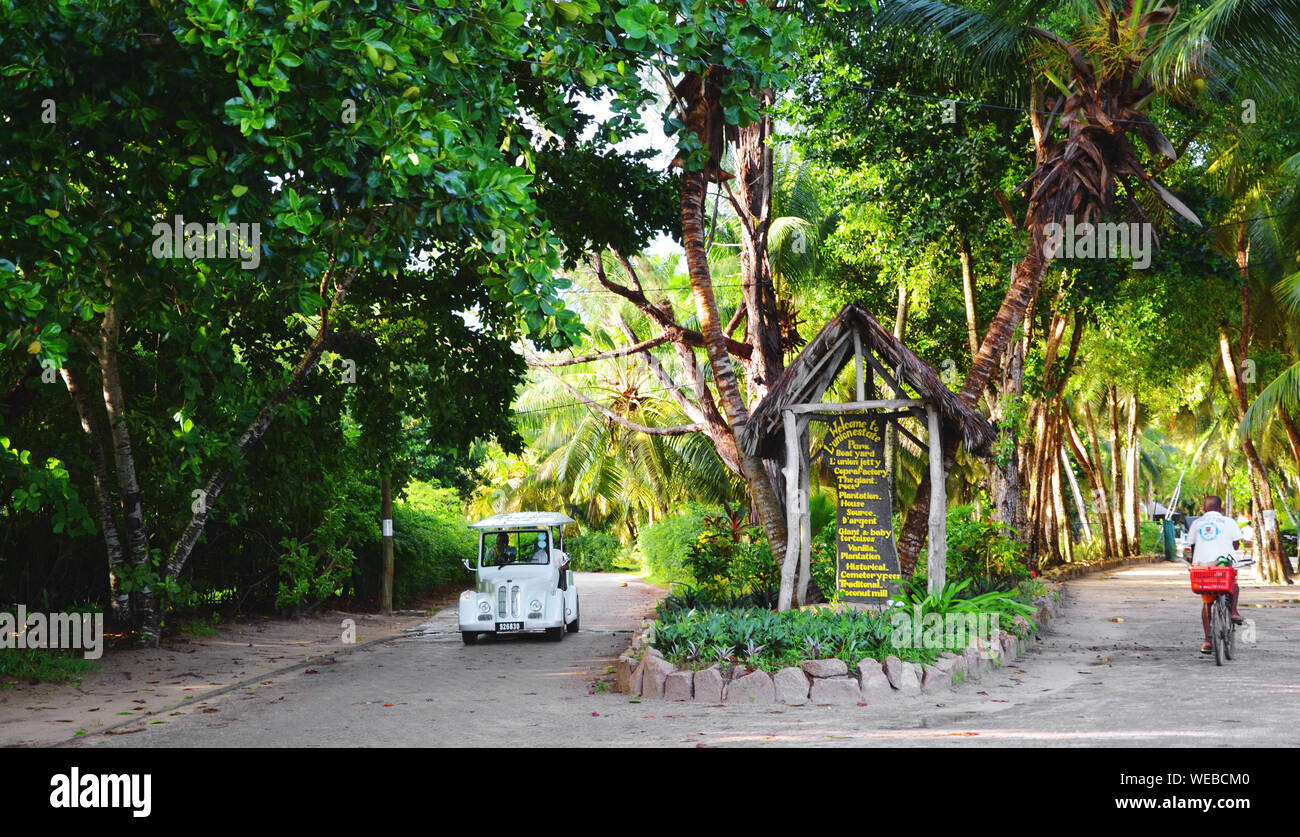 La Digue, Seychelles: Entry to Union Estate Park with coconut Palm ...