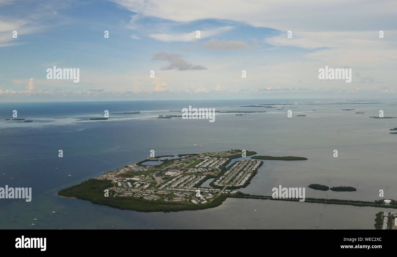 Wide aerial view of the Key West, Florida, seen from an airplane window ...