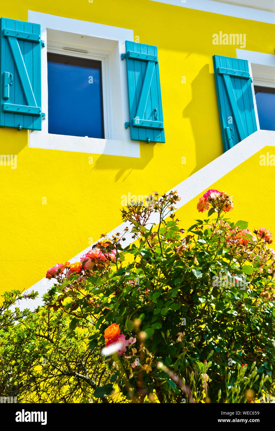sunny view of a yellow house with blue windows with shutters with a ...