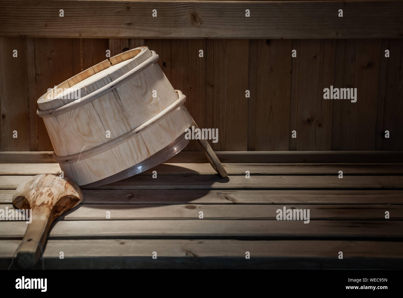 Detail of Wooden bucket in a sauna, relaxation concept Stock Photo - Alamy