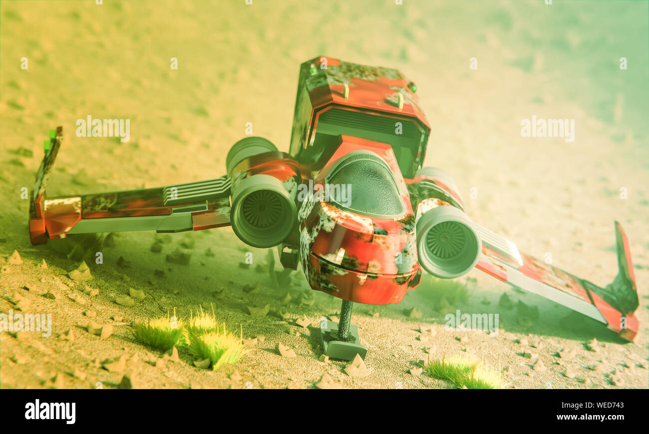 rusty spaceship on mars terrain 3d illustration Stock Photo - Alamy
