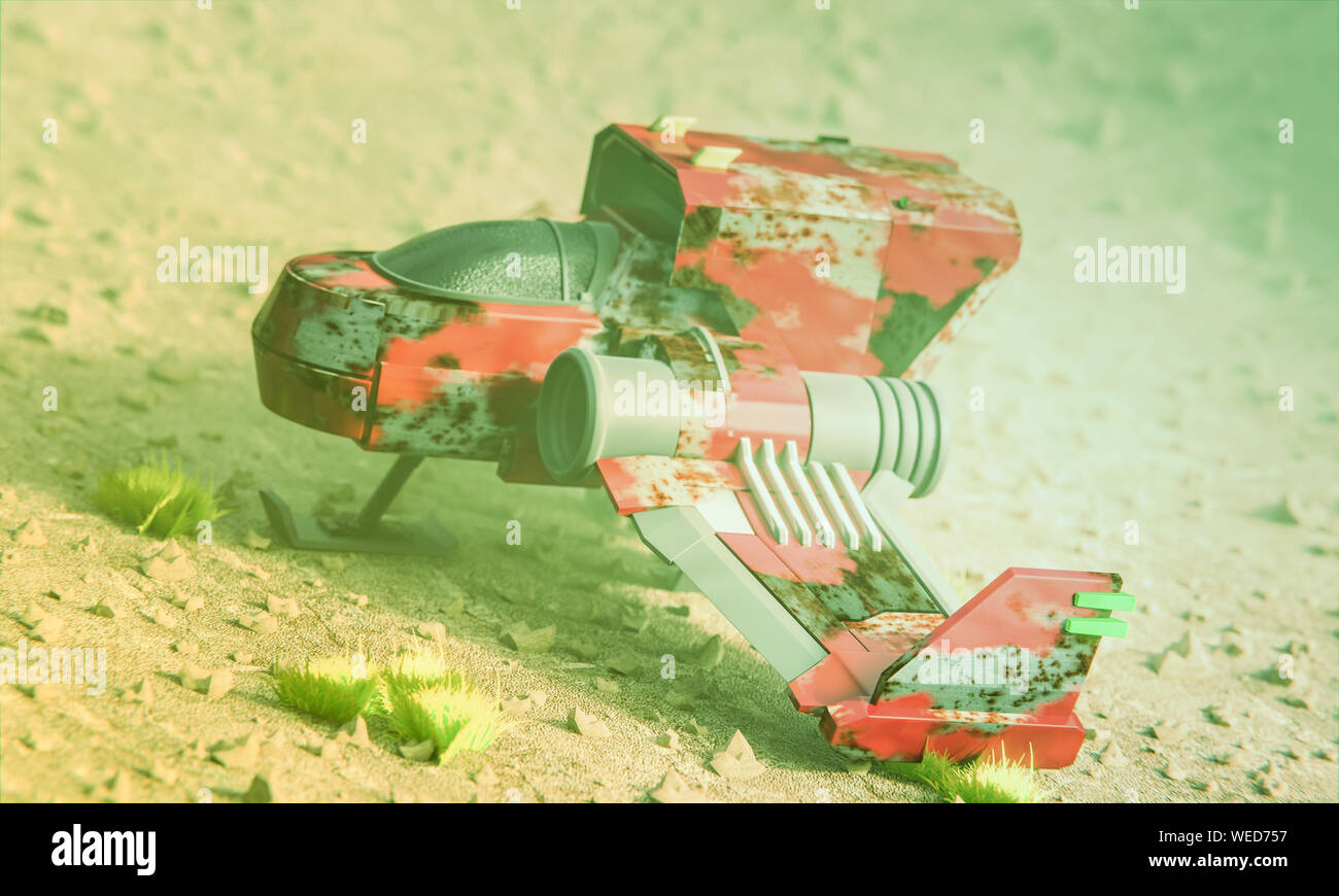 rusty spaceship on mars terrain 3d illustration Stock Photo - Alamy
