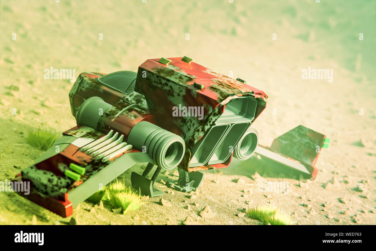 rusty spaceship on mars terrain 3d illustration Stock Photo - Alamy