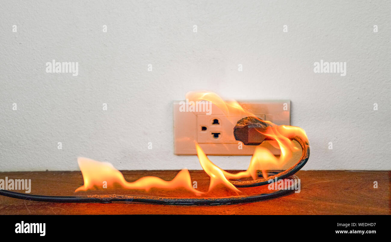 On fire electric wire plug Receptacle wall partition, Electric short ...