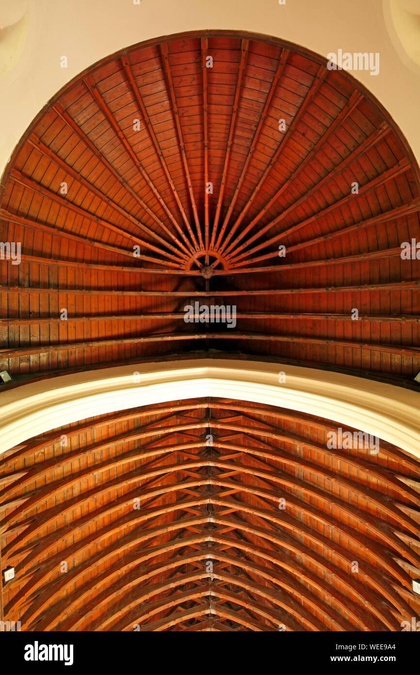 Vaulted wooden church roof structure, interior. Penpont, Powys, Wales ...