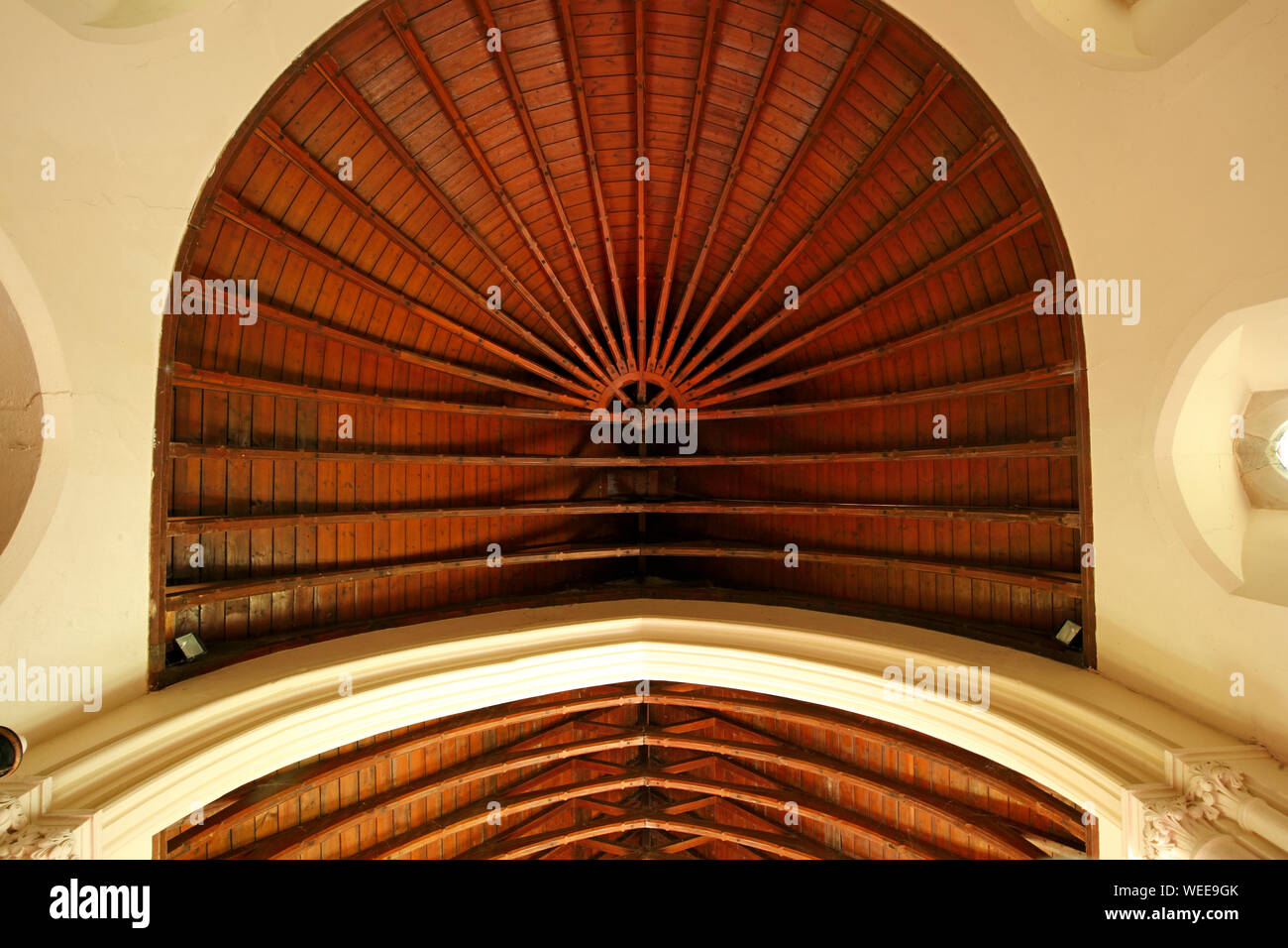 Vaulted wooden church roof structure, interior. Penpont, Powys, Wales ...