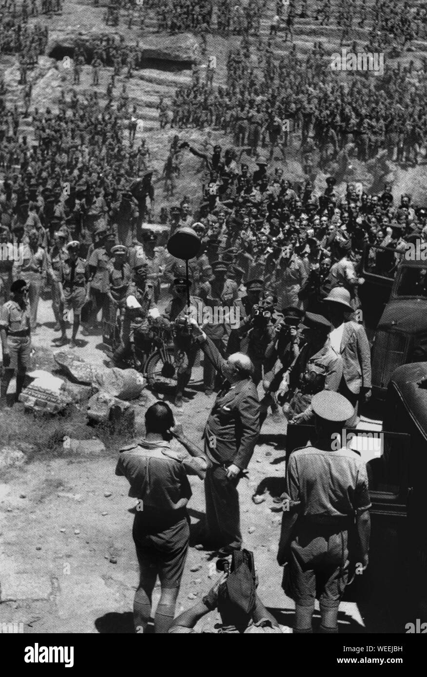 Winston Churchill in North Africa. Greeted by troops of the British 1st ...