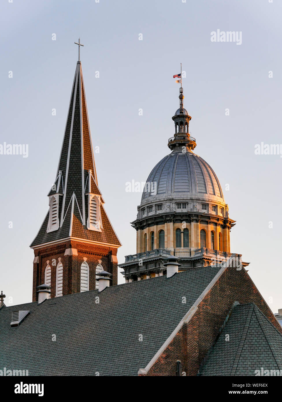 Illinois State Capitol dome and Trinity Lutheran Church steeple ...