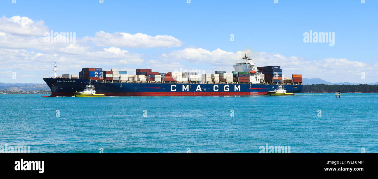New Zealand beautiful landscape, cargo ship Stock Photo - Alamy