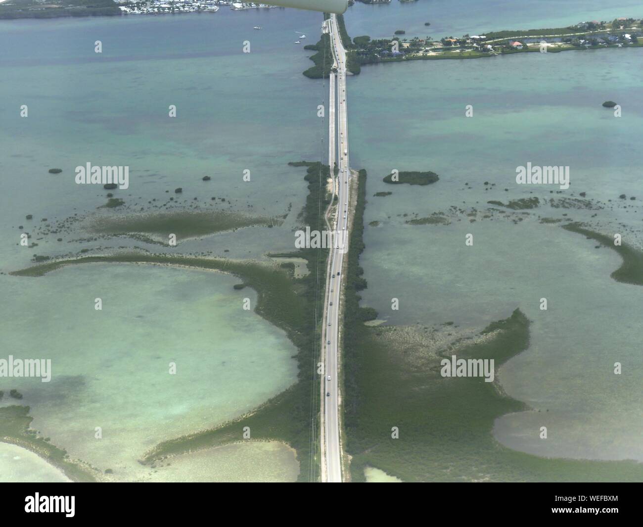 Aerial view of the Florida keys with the US Highway 1 heading to the ...