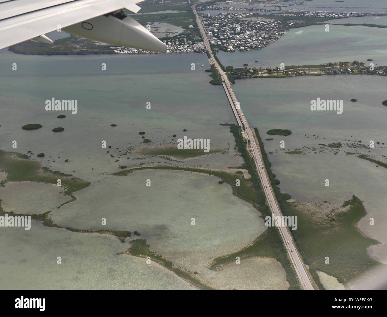 Aerial view of the Florida keys with the US Highway 1 heading to the ...