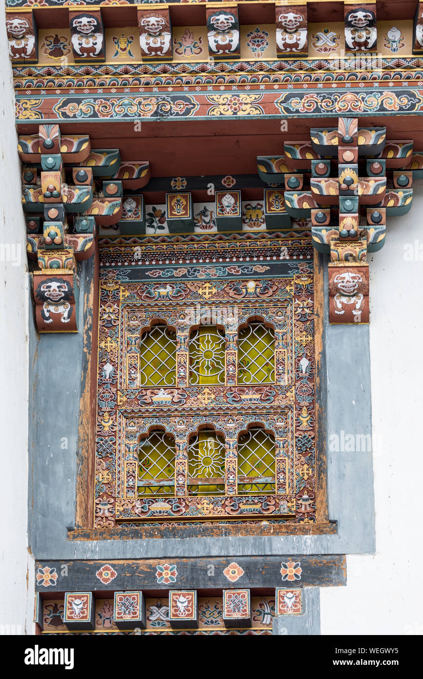 Traditional decorations on a window in Gangtey Goemba, Phobjikha Valley ...