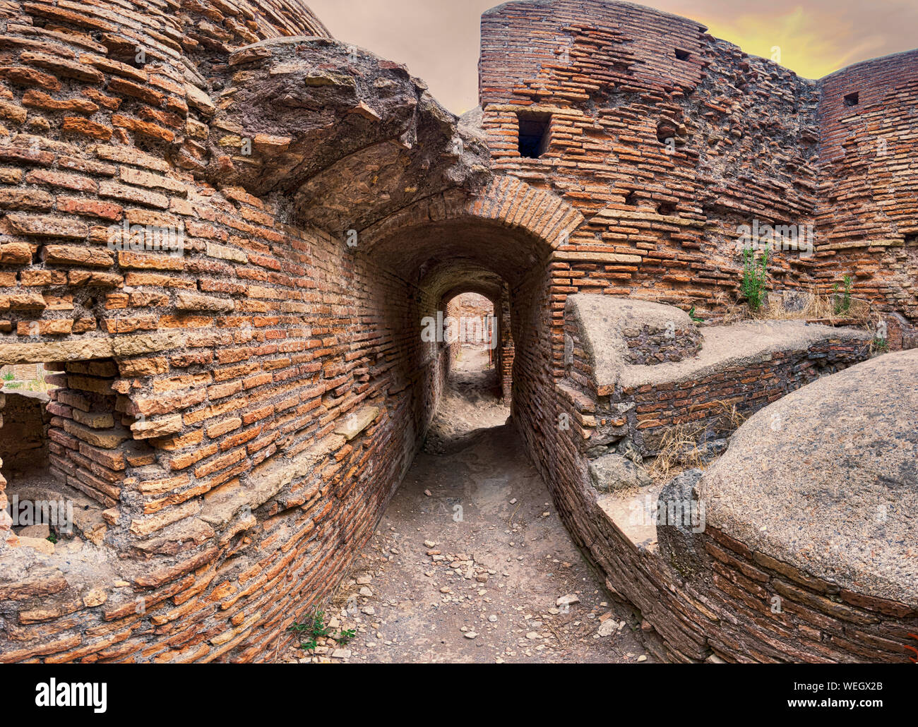 Archaeological excavations street view of ancient Roman ruin with ...