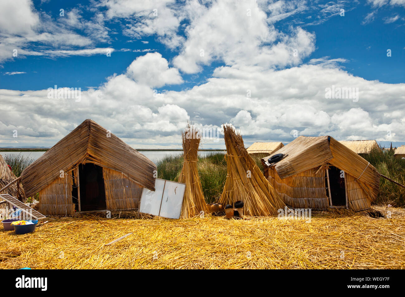 Uros islands' huts and its habitats at lake Titicaca at Peru Stock ...