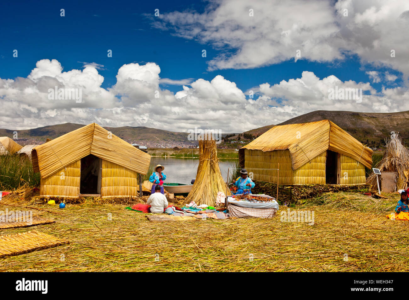 Uros islands' huts and its habitats at lake Titicaca at Peru Stock ...