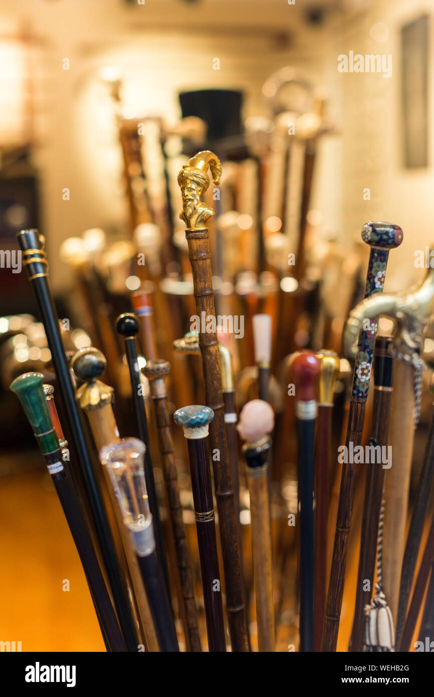 Canes and walking sticks in an antique shop, Paris, France Stock Photo ...