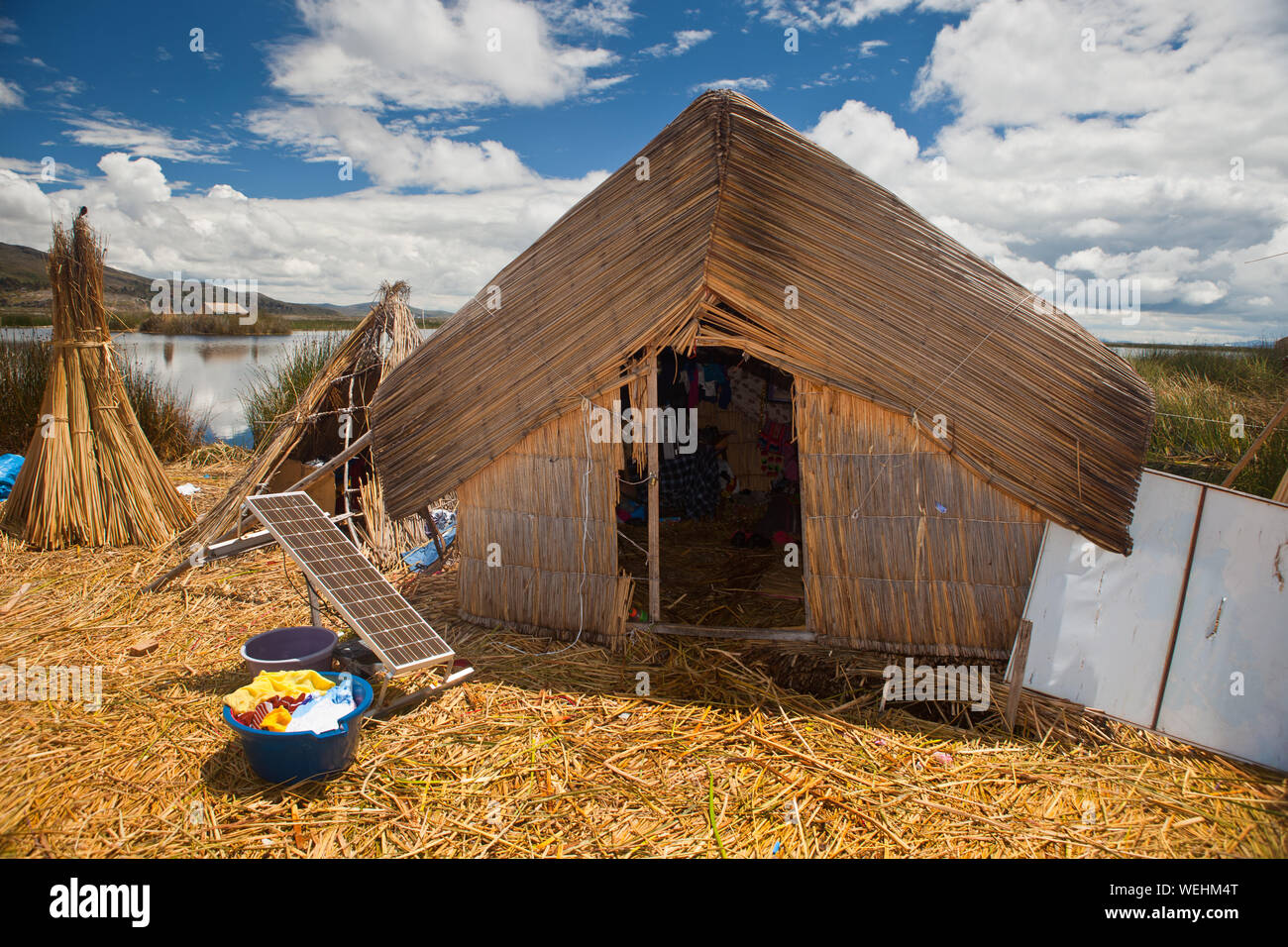 Uros islands' huts and its habitats at lake Titicaca at Peru Stock ...