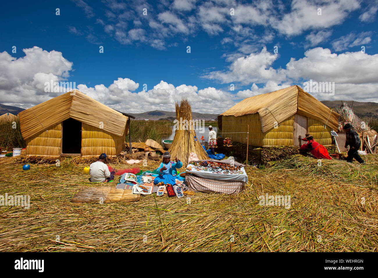 Uros islands' huts and its habitats at lake Titicaca at Peru Stock ...
