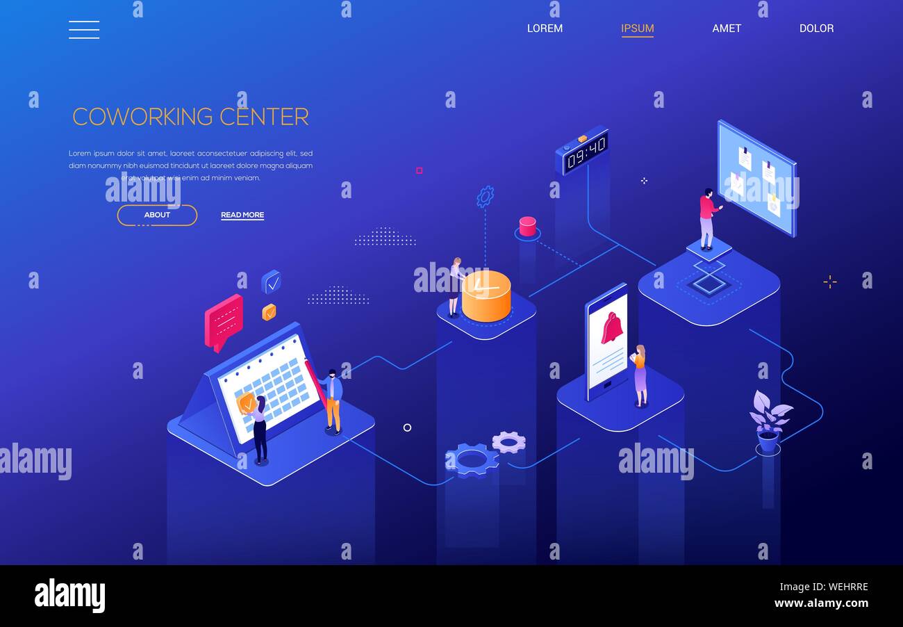 Planning system - modern isometric vector web banner on blue background ...