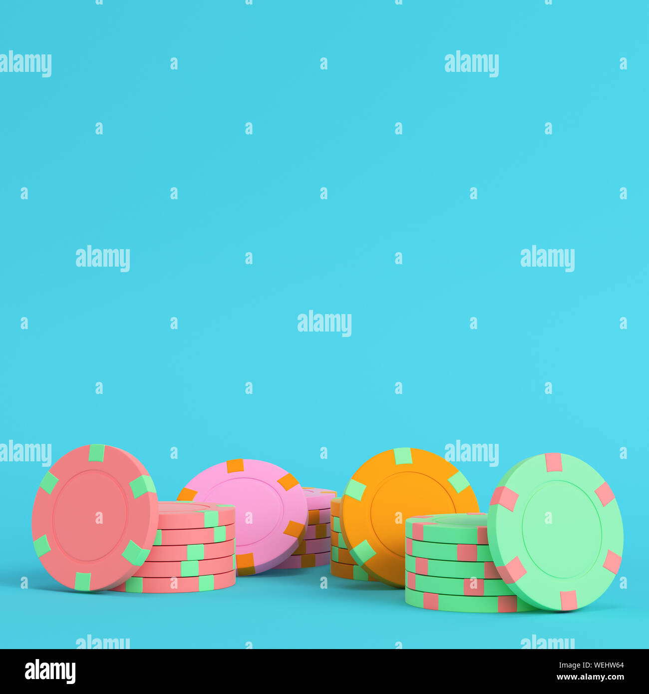 Colorful casino chips on bright blue background in pastel colors ...