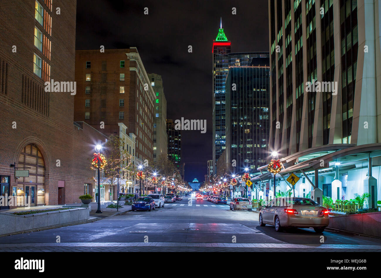 street level view of modern city of Raleigh, North Carolina at night ...